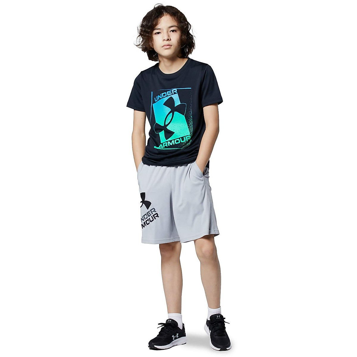 Under Armour boys Prototype 2.0 Logo Shorts , Mod Gray (011)/Black , Youth X-Small