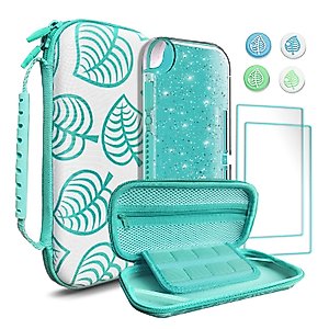 TIKOdirect Carrying Case for Switch lite, Shockproof Portable Travel Bag with Glitter Galaxy case, Screen Protectors and Cute Leaf Thumb Grips Caps, Animal Crossing Green