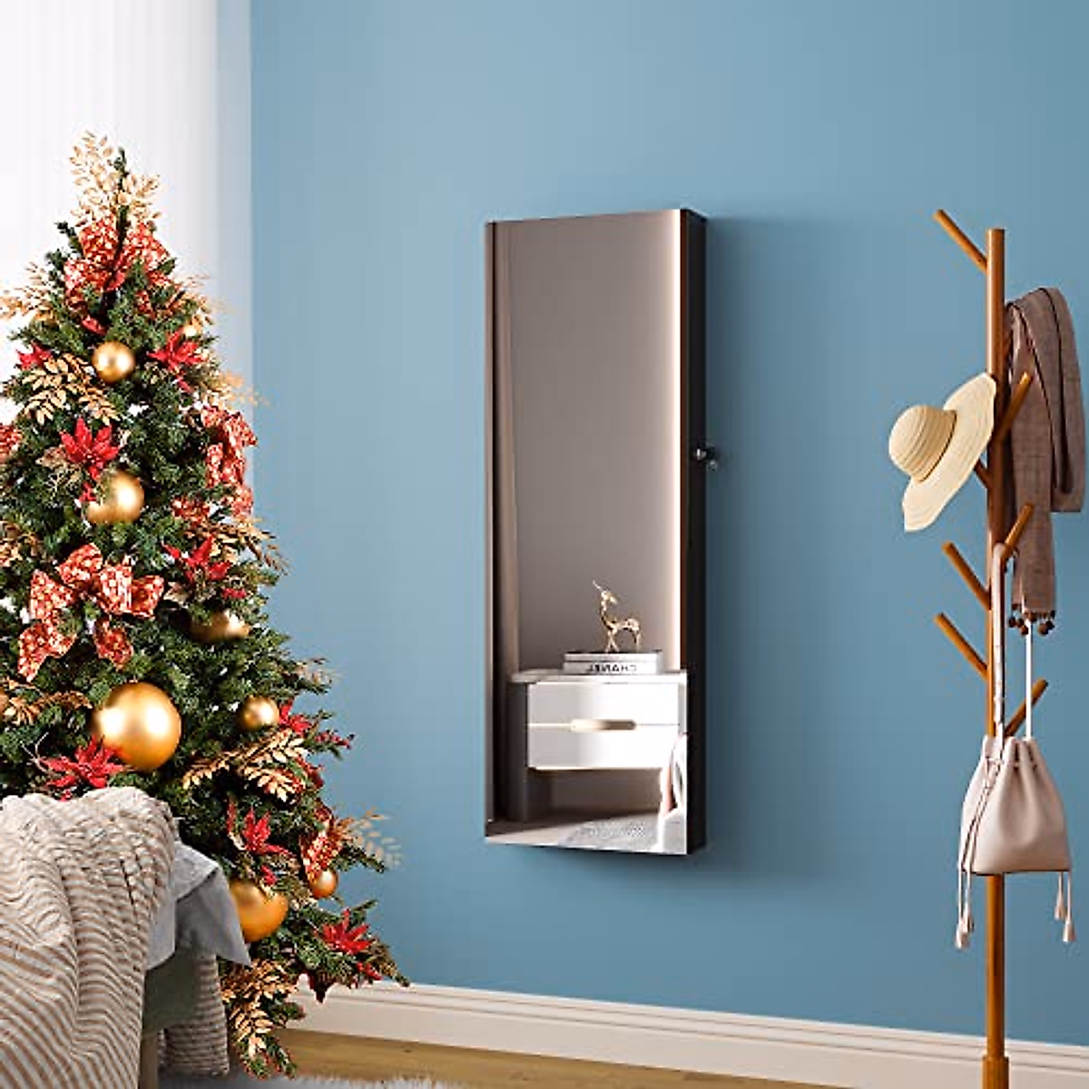 HNEBC Jewelry Organizer with 6 LED Lights, Jewelry Armoire with Mirror, Full Length Mirror Jewelry Cabinet with Jewelry Storage, Wall Mounted/Door Mounted (brown)