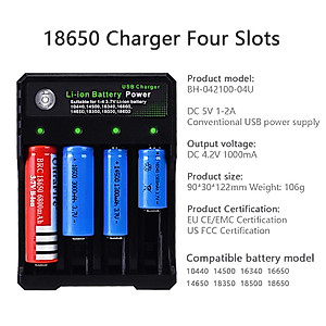 18650 Battery Charger 4 Bay Fast Charge, for 3.7V Li-ion TR IMR 10440 14500 16650 14650 18350 18500 16340(RCR123) Batteries, USB Intelligent Universal Rechargeable Battery Charger