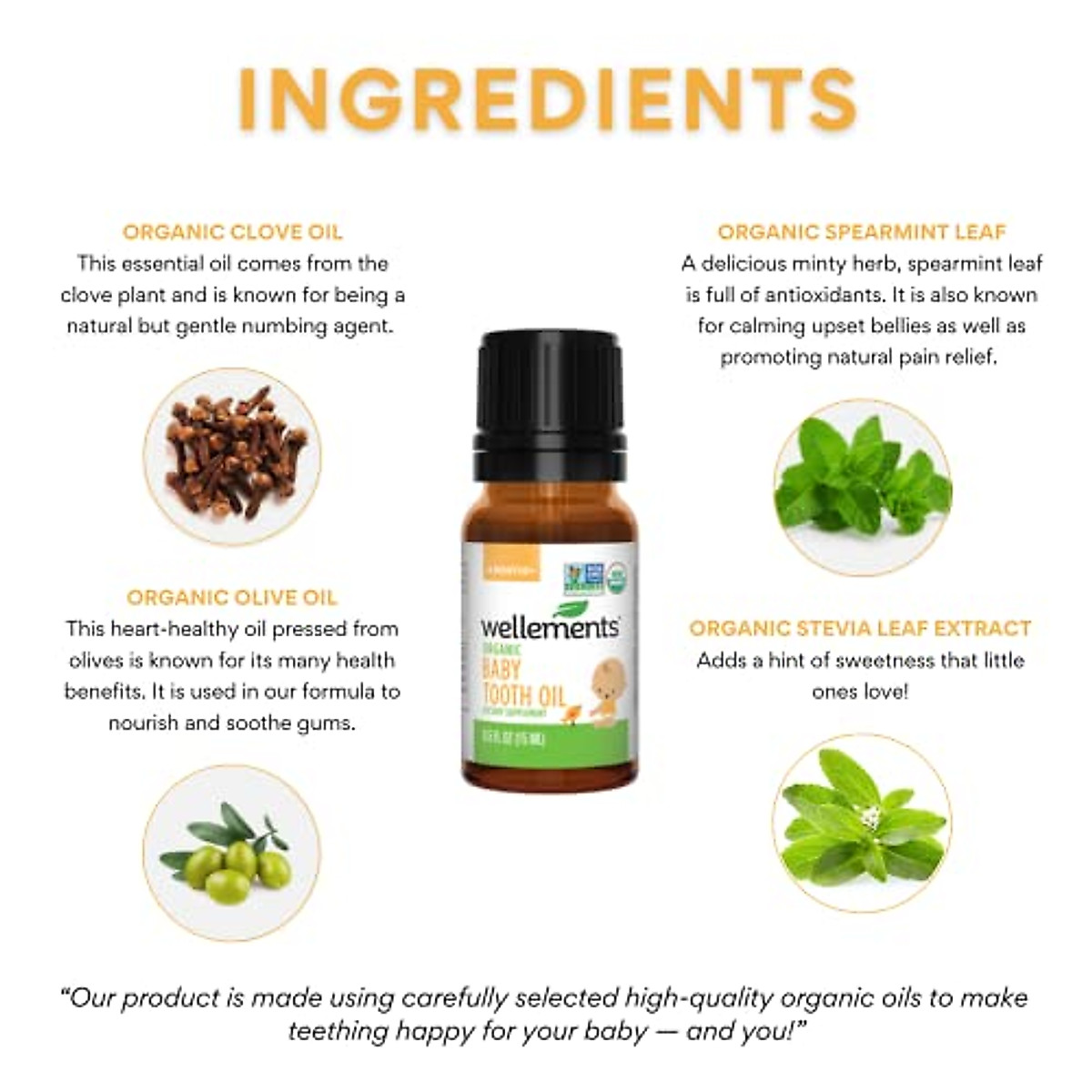 Wellements Organic Baby Tooth Oil, Gently Soothes Tiny Gums, Natural Teething Oil for Babies, Blend of Clove Oil, Spearmint Leaf & Olive Oil, No Benzocaine or Belladonna, 0.5 Fl Oz. 4 Months +