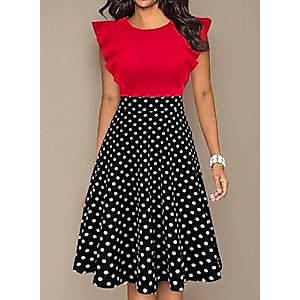 Polka Dot Dress for Women Vintage Ruffle Sleeves Floral Print Flared A Line Swing Summer Dress Casual Wedding Guest Cocktail Party Dresses with Pockets Red Black White Polka Dot Small