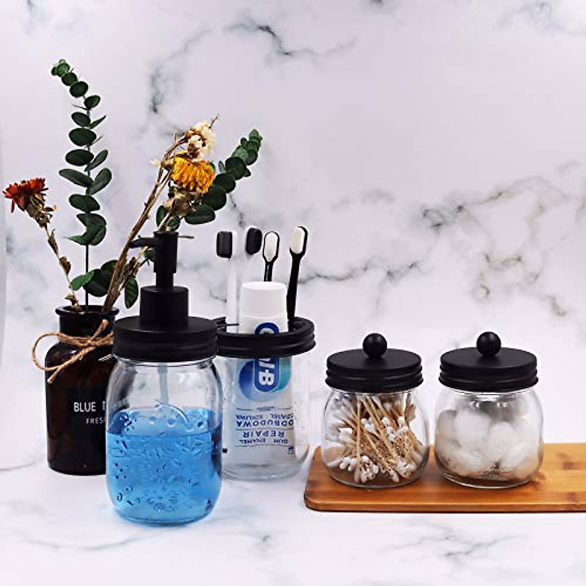 Nuscen Mason Jar Bathroom Accessories (Set of 4) Lotion Soap Dispenser,2 Apothecary Jars,Toothbrush Holder,Rustic Farmhouse Decor,Multifunction Storage Countertop Vanity Organizer Jars