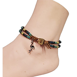 Beaded Leather Wrap Anklet Women Handmade Leather Ankle Cuff Bracelet 10 Inches Flamingo Charm