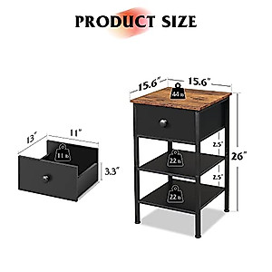 WLIVE Nightstands Set of 2, Bedside Tables with Adjustable Wooden Drawer, 3-Tier Night Stands for Couch, Bed, Sofa, End Table Side Table for Bedroom, Living Room, Black