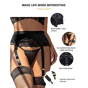 Women Faux Leather Black High Waisted Garter Belt Plus Size Lace Suspender Belt for Thigh High Stockings/Lingerie