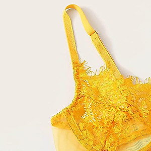 wodceeke Women's 3 PC Deep V Teddy Lingerie Set Sexy Lace Babydoll Bodysuit With Garter (Yellow, L)