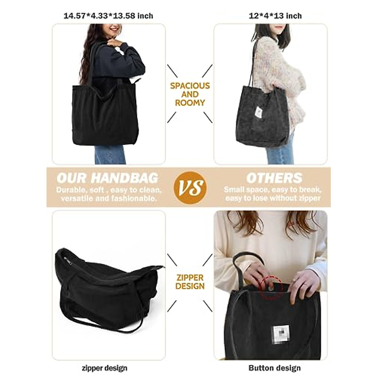 Women Corduroy Tote Bag With Zipper, Large Shoulder Hobo Bags Casual Cute Handbags Big Capacity Travel Shopping Work Bag Aesthetic With Pocket