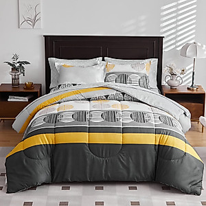 Stripes Bed in a Bag Queen Size 7 Pieces Black Gray Yellow Comforter Sheet Set with Circles All Season Bed Comforter Set (1 Comforter 2 Pillow Shams 1 Flat Sheet 1 Fitted Sheet 2 Pillowcases)