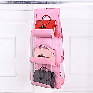 Luck Dawn Hanging Handbag Purse Organizer - Transparent Dust-Proof Wardrobe Closet Storage Bag for Clutch with 6 Larger Pockets (Pink)