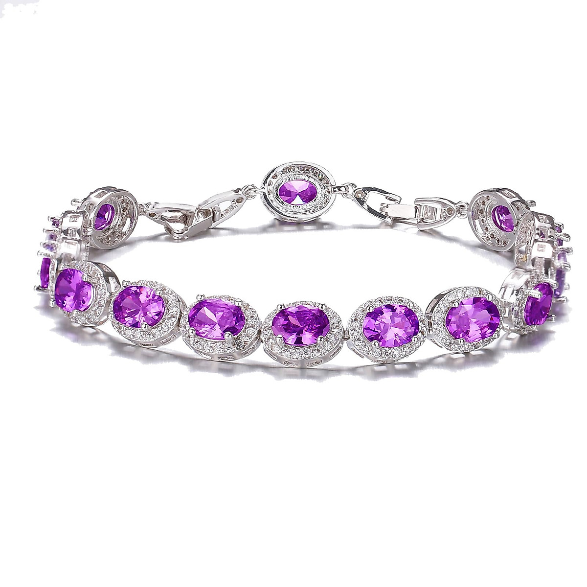 Hermosa Elegant Oval Gemstone Silver Bangle Bracelet with 1-Inch Extender Chain | Adjustable 7-8 Inches | Hypoallergenic Jewelry Gift for Women(Amethyst)