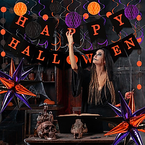 Happy Halloween Banner Decorations Kit with Star Balloons Honeycomb Balls Metallic Hanging Swirls Circle Dot Garland for Halloween Party Decorations