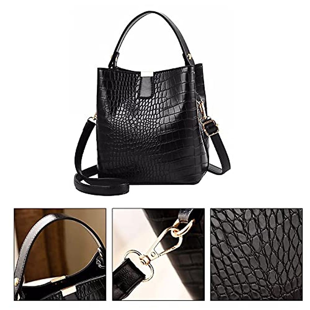 LABANCA Women Retro Alligator Bucket Bags Crocodile Pattern Designer Shoulder Bag Ladies PU Purse Crossbody Wallet Bag, Black
