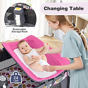 BABY JOY 5 in 1 Pack and Play, Portable Baby Playard w/Bassinet & Diaper Changing Table, Infant Nursery Center Pink Bassinet with Toys & Music & Oxford Bag for Baby Girl Toddlers (Rose, Dot Circle)