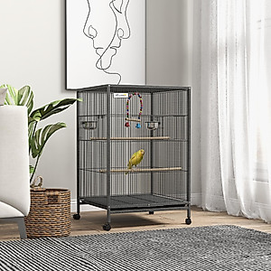 Pawhut Metal Bird Cage with Stand for Parrots, Lovebirds, Finches, Large Bird Cage with Swing, Stainless Steel Bowls, Removable Tray for Small Birds, Gray