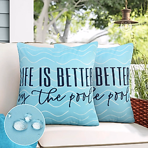 Adabana Blue Outdoor Waterproof Throw Pillow Covers 18x18 Inch Set of 2 Decorative Porch Pillows Cover for Patio Furniture Garden, Life is Better by The Pool