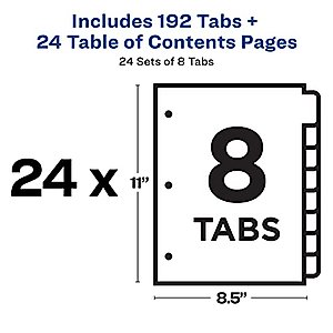 Avery 8-Tab Dividers for 3 Ring Binders, Customizable Table of Contents, Multicolor Tabs, 24 Sets (11168)