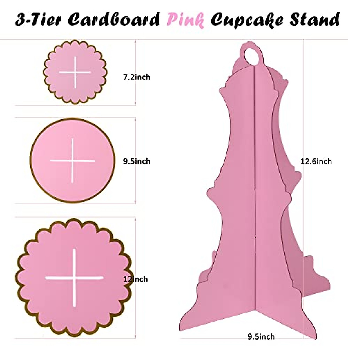 Pink Cardboard Cupcake Stand,2PCS Pink Cup Cake Holder Thick Paper Dessert Tray, 3-Tier Round Serving Tray Perfect for Baby Girls Pink and Gold Birthday Baby Shower Party Supplies