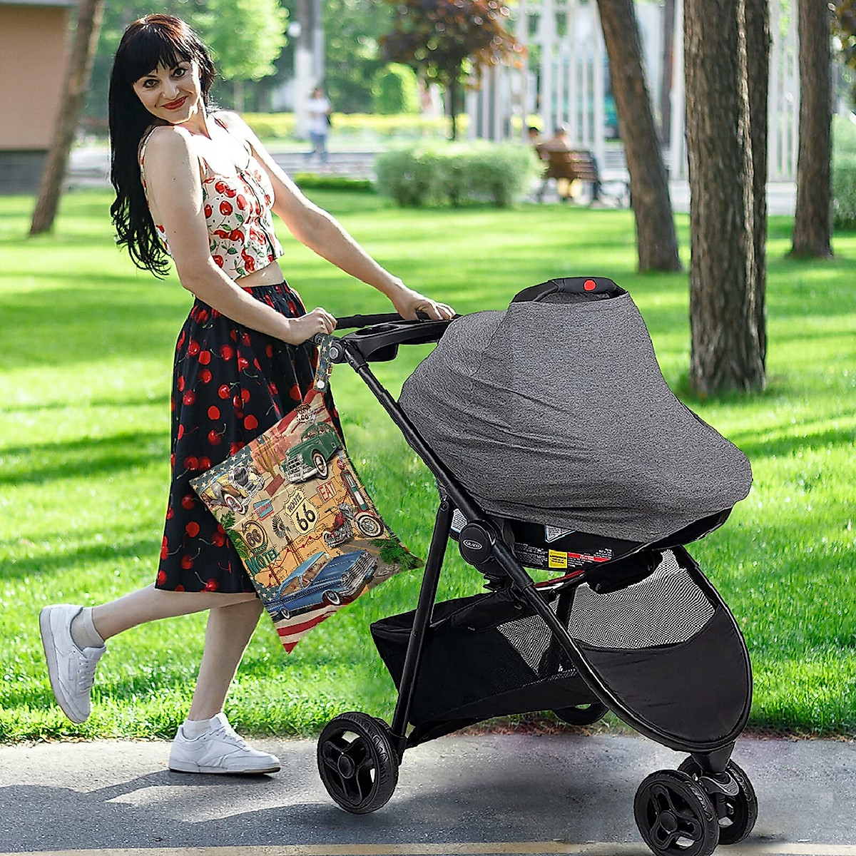 visesunny 2Pcs Wet Bag with Zippered Pockets Vintage Route 66 Pattern Washable Reusable Roomy for Travel,Beach,Pool,Daycare,Stroller,Diapers,Dirty Gym Clothes, Wet Swimsuits, Toiletries