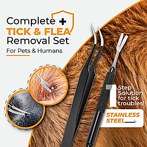 AKOSN Premium Tick Removal Tool - Stainless Steel Tick & Flea Remover for Pets Dogs Cats Humans -Safe Tick Control Puller &Precision Fine Point Tweezers to Completed Remove Ticks, 1 Set