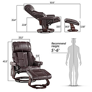 MCombo Recliner with Ottoman Reclining Chair with Vibration Massage and Removable Lumbar Pillow, 360 Degree Swivel Wood Base, Faux Leather 9068 (Dark Brown)
