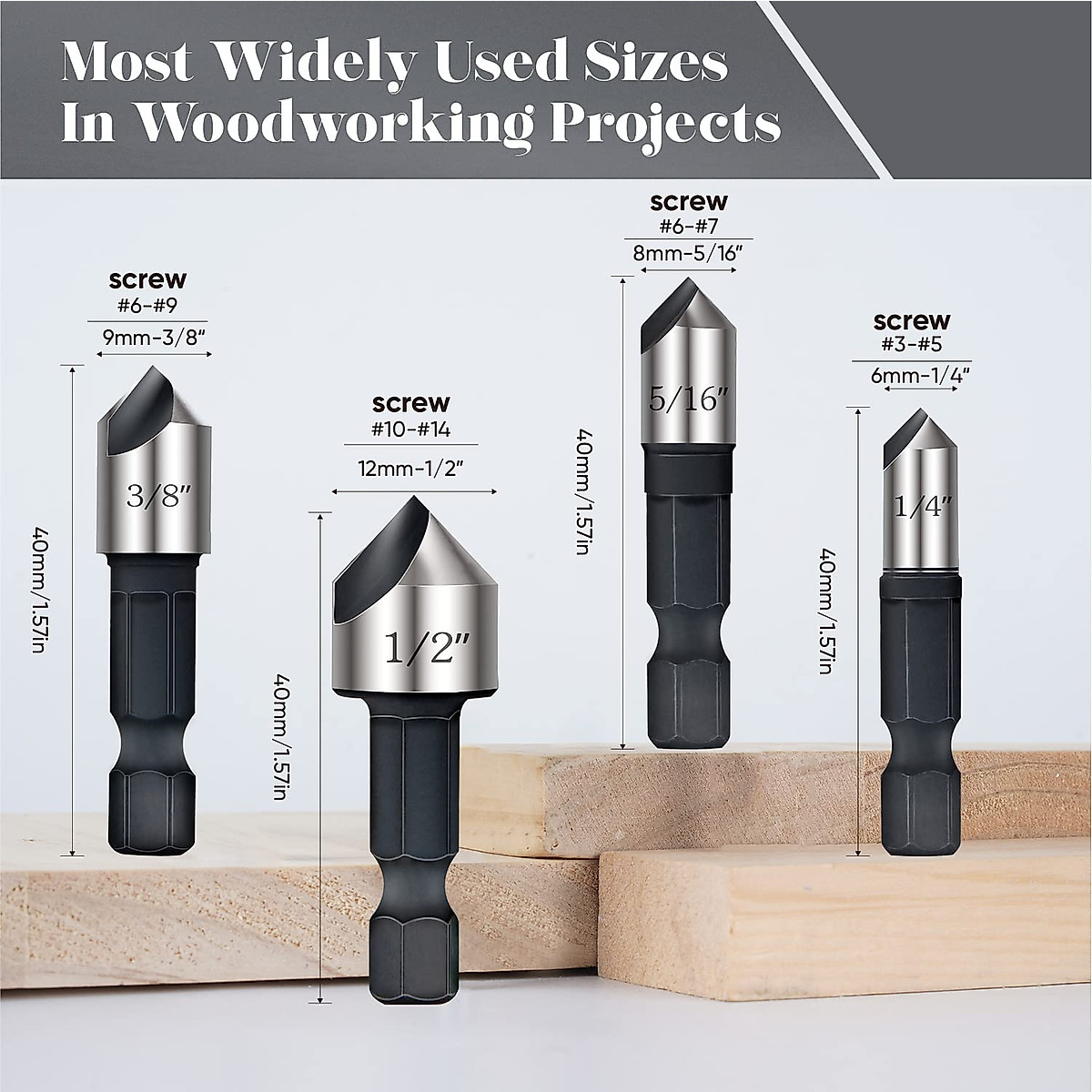 amoolo Countersink Drill Bit Set 4pcs (1/4”-1/2”), Countersink Bits for Wood, Hex-Shank Quick Change 82 Degree Counter Sinker Drill Bit for Woodworking, Fiberboard, Plywood, Plastic, PVC
