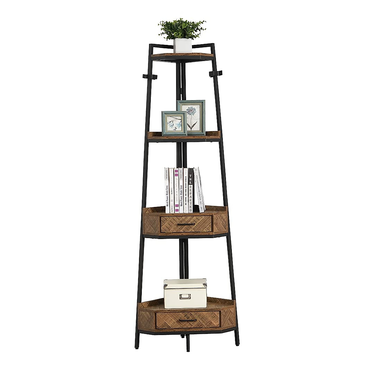 4-Tier Corner Shelf with 2 Drawers, 72.64'' Tall 4-Tier Industrial Bookcase Corner Ladder Shelf with 2 Drawers, Small Bookshelf Rustic Plant Stand Rack Freestanding, Black