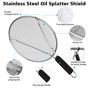 Splatter Screen for Frying Pan 9.8" 11.4" 13", Grease Splatter Guard Hot Oil Splatter Guard, Stainless Steel Fine Mesh Splash Guard with Resting Feet, Shield Grease for Cooking to Prevent Oil Splatter