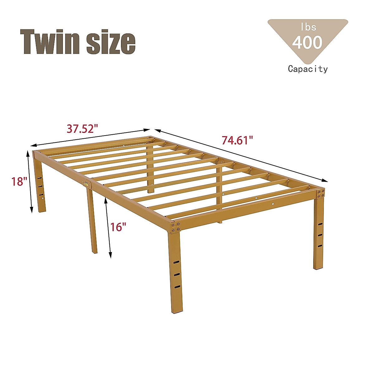 alazyhome 18 Inch Metal Twin Size Bed Frame Heavy Duty Platform Noise Free Steel Slat Support Easy Assembly Noise Free No Box Spring Required Gold