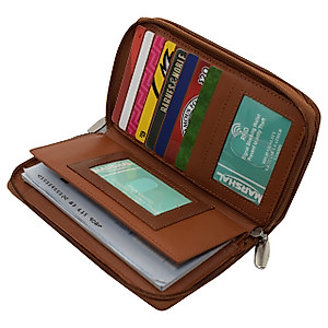 MARSHAL Genuine Leather Womens RFID Blocking Security Double Zip-around Indexer Phone Wallet (Tan)