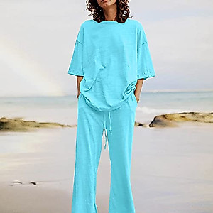 Matching Sets for Women, Two Piece Outfits for Women Summer Tops Dressy Casual Linen Sets 3/4 Sleeve Crewneck Tshirts Straight Wide Leg Pants Blusas de Mujer