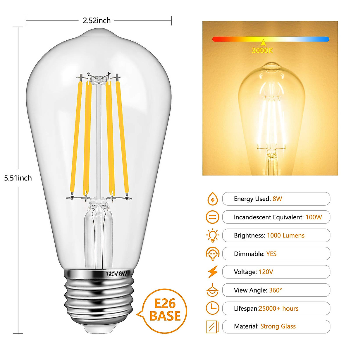 6-Pack 8W Dimmable Edison LED Light Bulbs 100W Equivalent, Vintage ST64/ST21 LED Filament Bulbs with 1000LM, 3000K Soft Warm White Lighting, E26 Medium Base Clear Glass for Home, Office, Restaurant