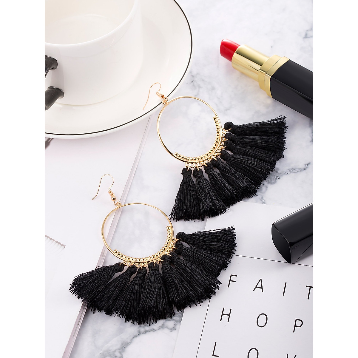 Hestya 2 Pairs Tassel Earrings for Women Girls Handmade 3 Tiered Tassel Dangle Earrings and Gold Hoop Earrings (Black)