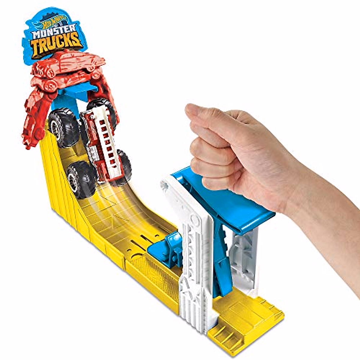 Hot Wheels Monster Trucks Big Air Breakout Play Set with 5 Alarm 1:64 Scale Die-Cast Metal Body Monster Truck 4 Plastic Crushed Cars 1 Slam Launcher and Ramp for Vertical Crashing Complete Gift