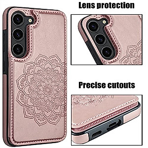 MMHUO for Samsung Galaxy S23 Case with Card Holder,Flower Magnetic Back Flip Case for Samsung Galaxy S23 Wallet Case for Women,Protective Case Phone Case for Samsung Galaxy S23 5G (2023),Rose Gold