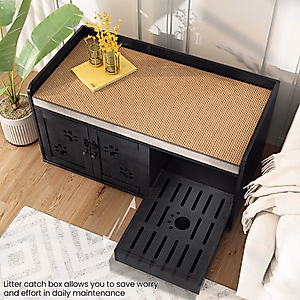Recaceik Cat Litter Box Enclosure with Mat, Hidden Cat Washroom Furniture with Litter Catcher Box, Wooden Cat House with Door Indoor Cat Cabinet Fit Most Litter Box