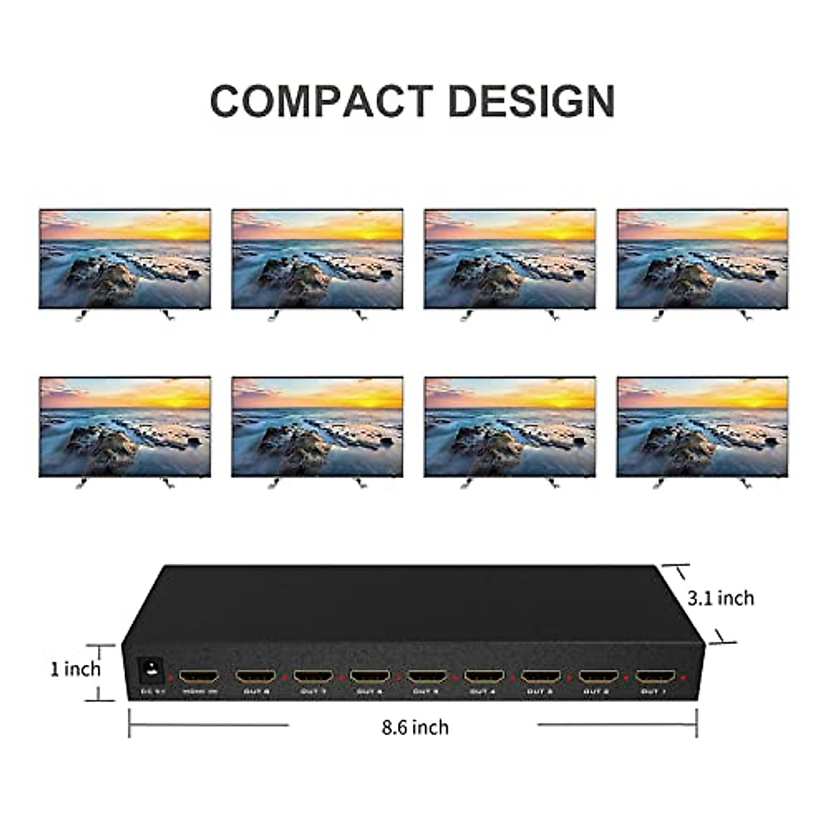1x8 HDMI Splitter by Anlink-1 in 8 Out,Premium Quality Ultra HD 4K 60HZ 2.0 1x8 HDMI Splitter High Resolutions Up to 4Kx2K&3D,Supports EDID and HDCP Control - Adapter Included