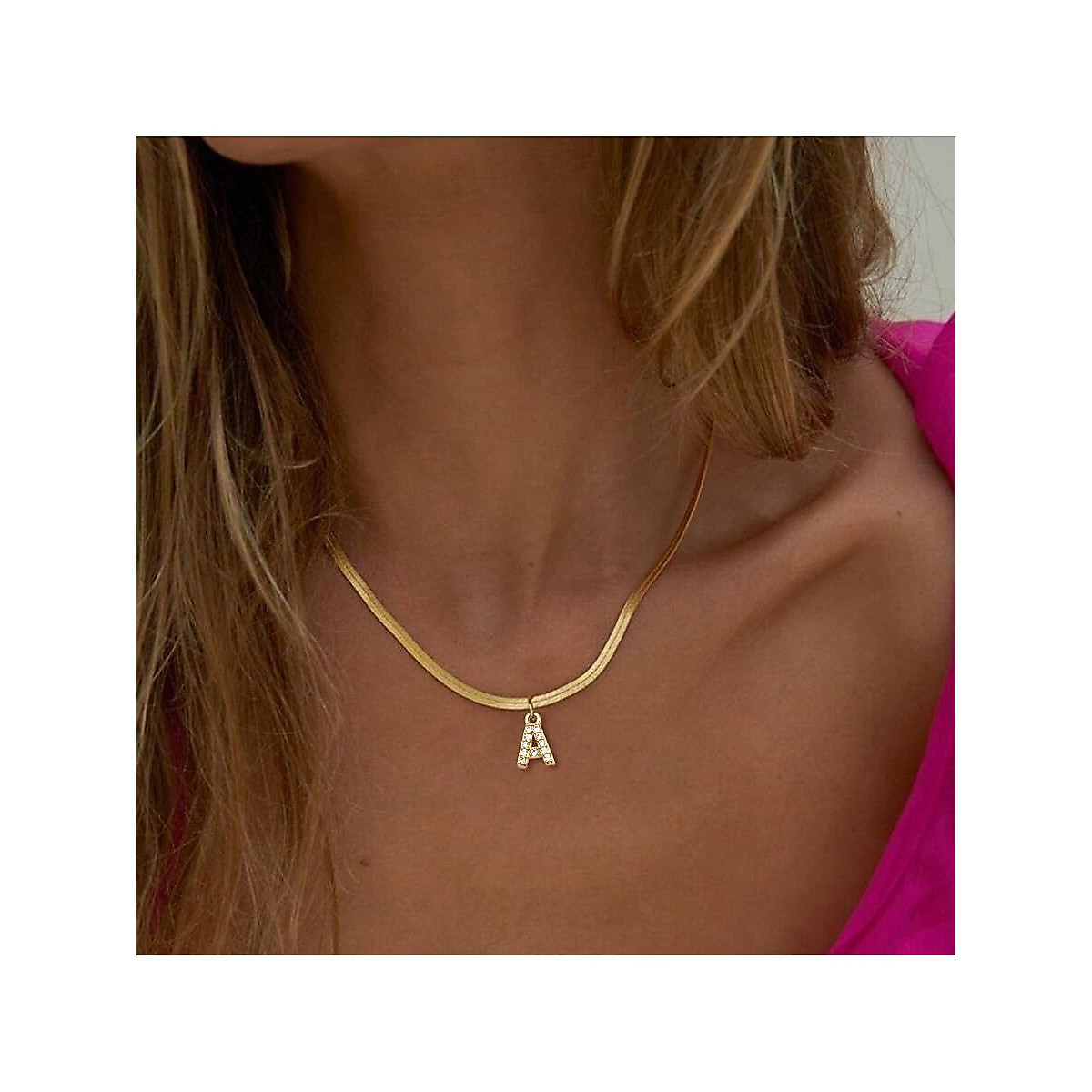 Gold Initial Necklaces For Women Trendy,Dainty 18k Gold Plated Charm Choker Necklace For Women Herringbone Chain Necklaces Jewelry A