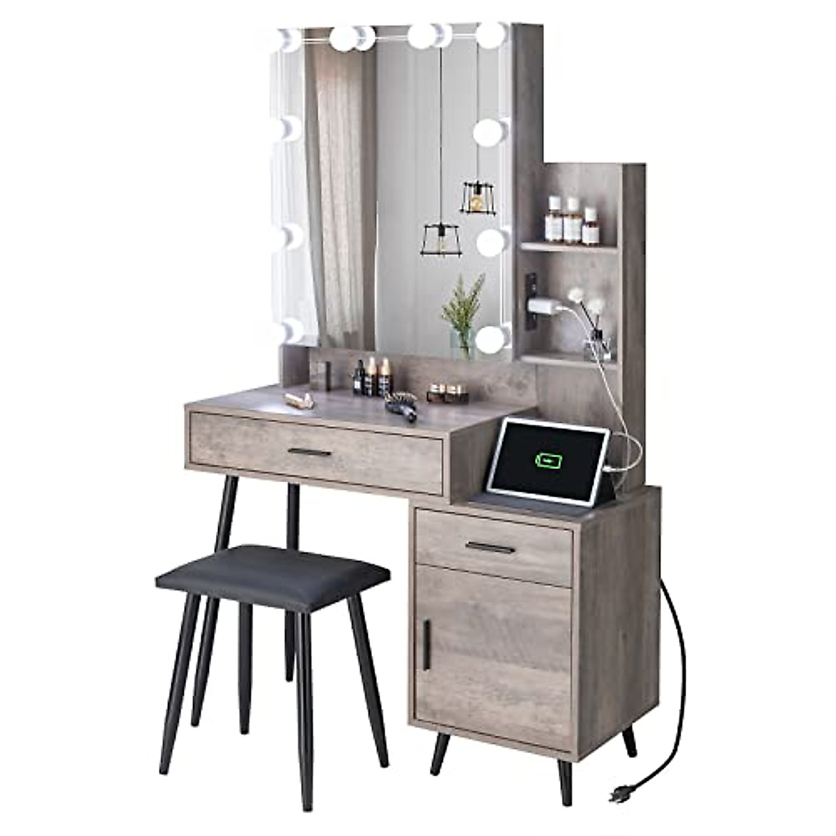3-color Lighted Mirror Cabinet with Stool - Vanity Desk and Cushioned Chair - Sliding Mirror Makeup Desk - 2 Drawers 1 Door Cabinet 2 Shelves - Charging Station - Screen Touch Switch - Retro Grey