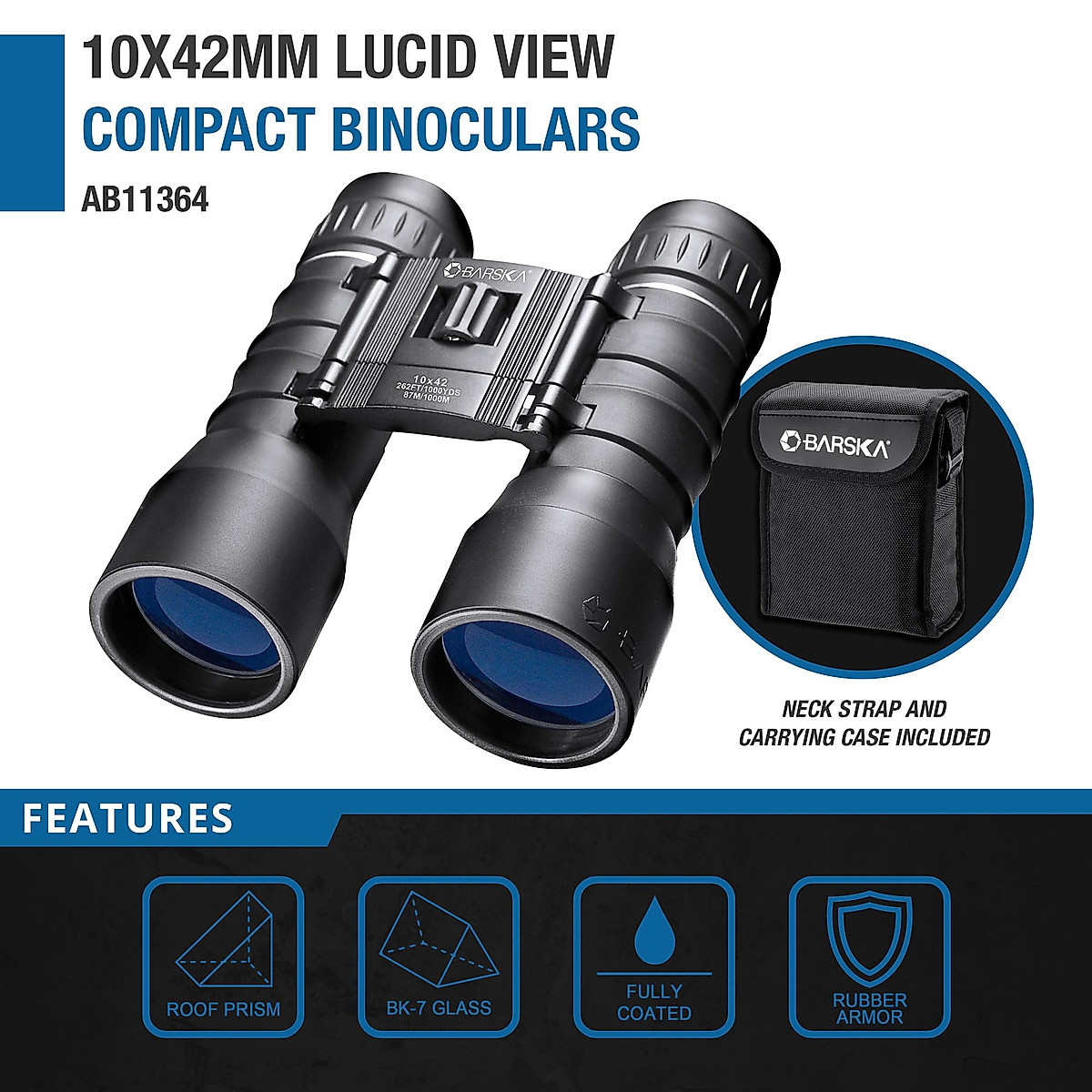 BARSKA 10x42 Lucid View Compact Binoculars , Black