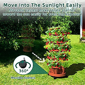Tectsia Strawberry Vertical Planter Tower Garden, 5 Tiered Planter Stackable Herb Garden Planter with Movable Casters and Bottom Saucer Indoor and Outdoor - Terra Cotta