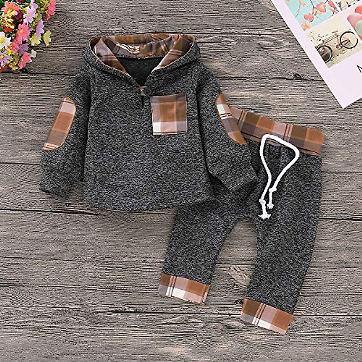 VOLUOVO Baby Boy Clothes Newborn Boy Outfits Infant Clothing Plaid Pocket Hooded Sweatshirt Long Pants Toddler Clothe(GreyOrange/90)
