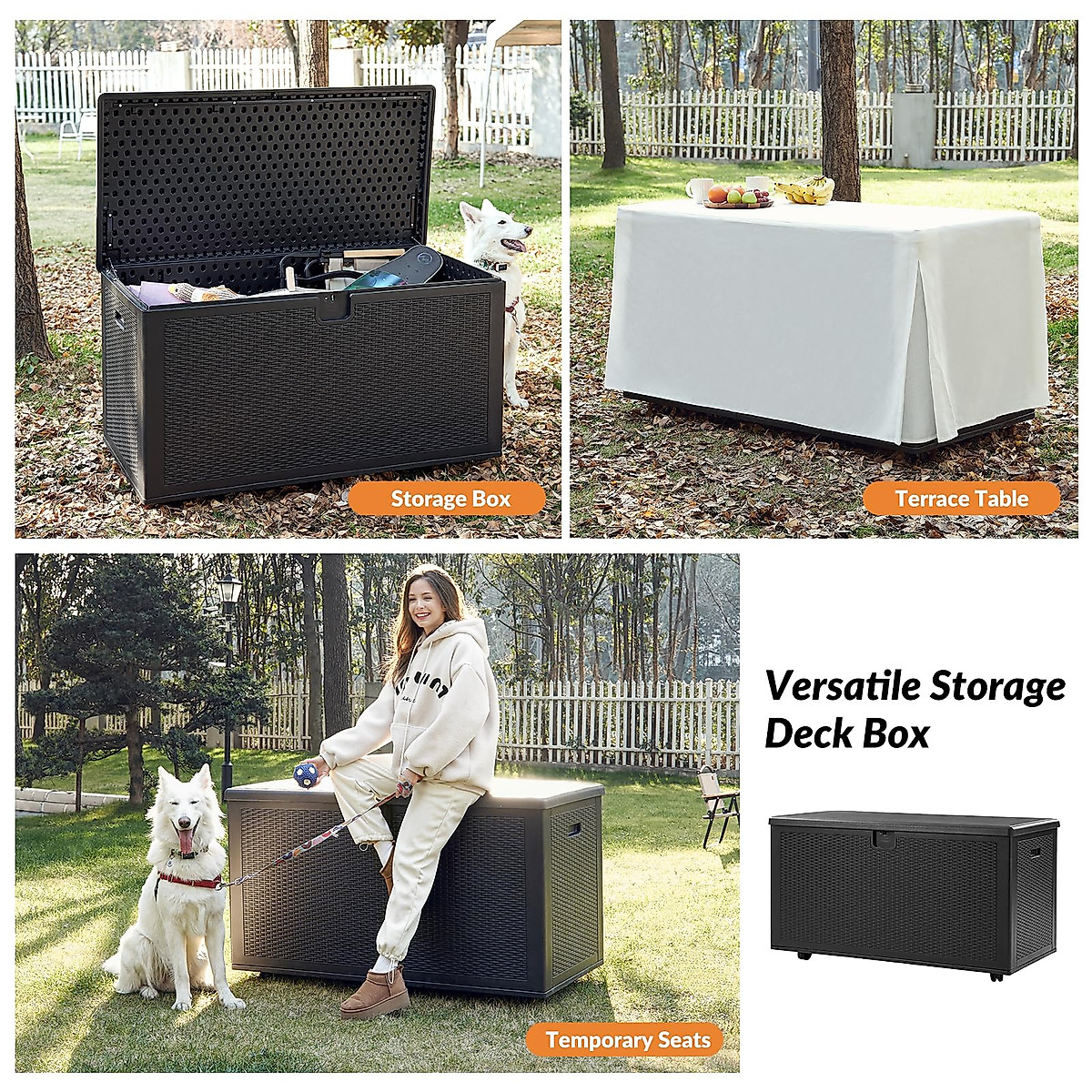 TerraSafe Large Deck Boxes,150 Gallon Resin Storage Boxes for Outdoor Cusion,waterproof,lockable Black,Garden Tools