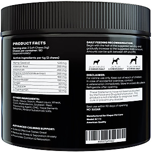 Calming Chews for Dogs - Anxiety Relief for Dogs - Dog Calming Treats with Hemp Oil for All Breeds - Hip & Joint Health - 180 Duck-Flavor Chews - Aid During Fireworks, Thunderstorms, Separation