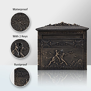 Yoocabinet Mailbox Wall Mount,Large Capacity Locking Mailbox for Outside, Rust-Proof Aluminum Hanging Secured Postbox, Security Key Drop Box,15.35 "x 16.14 "x3.54 Retro Horses