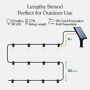 Brightech Ambience Pro Solar Powered Outdoor String Lights - Commercial Grade Patio Lights with 27 Ft Edison Bulbs - Shatterproof LED Solar String Lights, Christmas - 1W 12 Bulbs, Warm White Light
