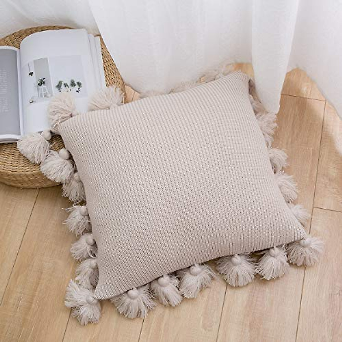 famibay Knitted Pillow Covers with Pompoms Tassel Boho Striped Cable Knit Throw Pillow Cases Decorative Pillow Cushion Cover Set for Home Sofa Couch Bed 18” x 18” Beige