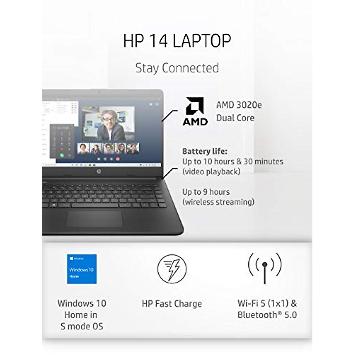 HP 14 Laptop, AMD 3020e, 4 GB RAM, 64 GB eMMC Storage, 14-inch HD Touchscreen, Windows 10 Home in S Mode, Long Battery Life, Microsoft 365, (14-fq0050nr, 2020)