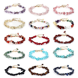 Ubjuliwa 15PCS Natural Gemstone Chakra Bracelets for Women Healing Crystal Bracelets for Women Men Stretchy Shamballa Bracelet Adjustable Tumble Polished Align Chakras Conquer Fear Increase