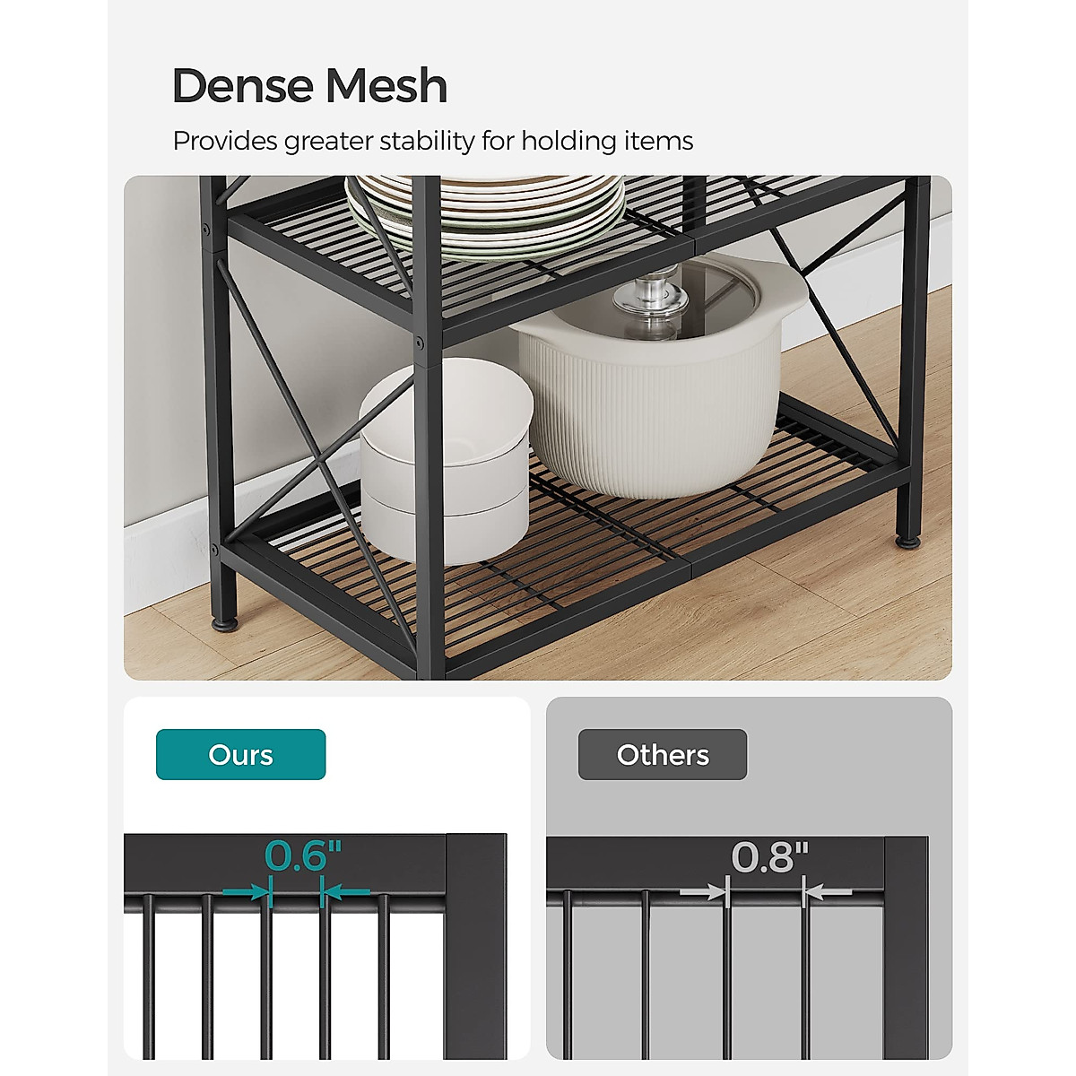 SONGMICS 5-Tier Metal Storage Rack, Shelving Unit with X Side Frames, Dense Mesh, 12.6 x 23.6 x 57.3 Inches, for Entryway, Kitchen, Living Room, Bathroom, Industrial Style, Ink Black UBSC165B01